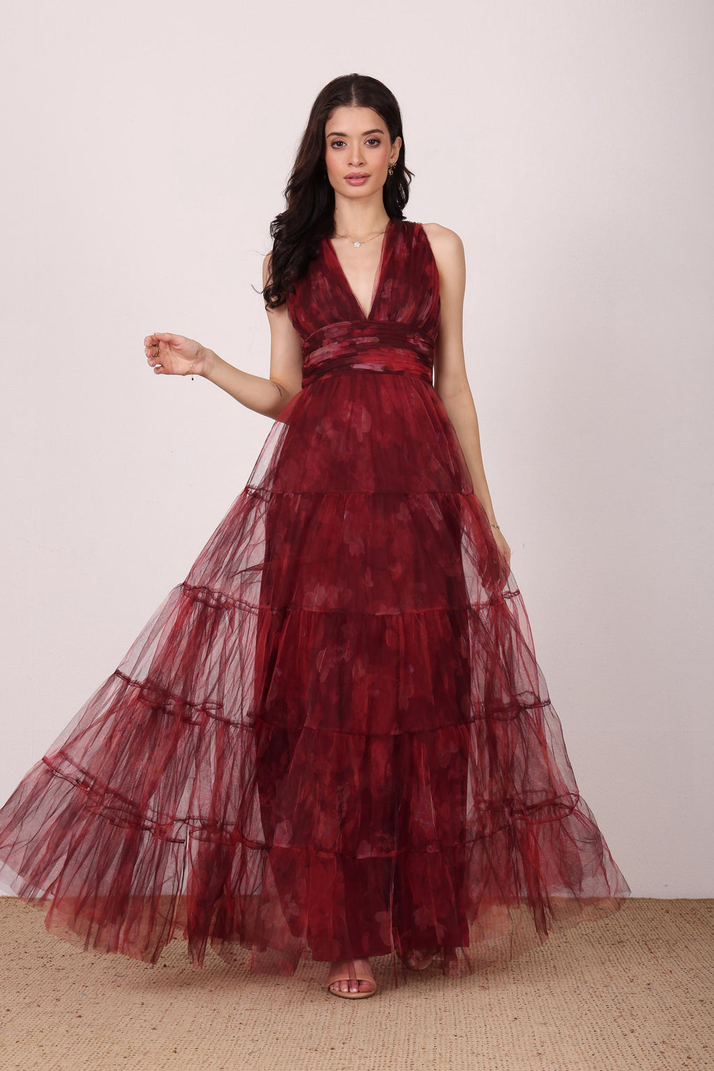 Candace Maxi Dress in Deep Red Floral – Lace & Beads