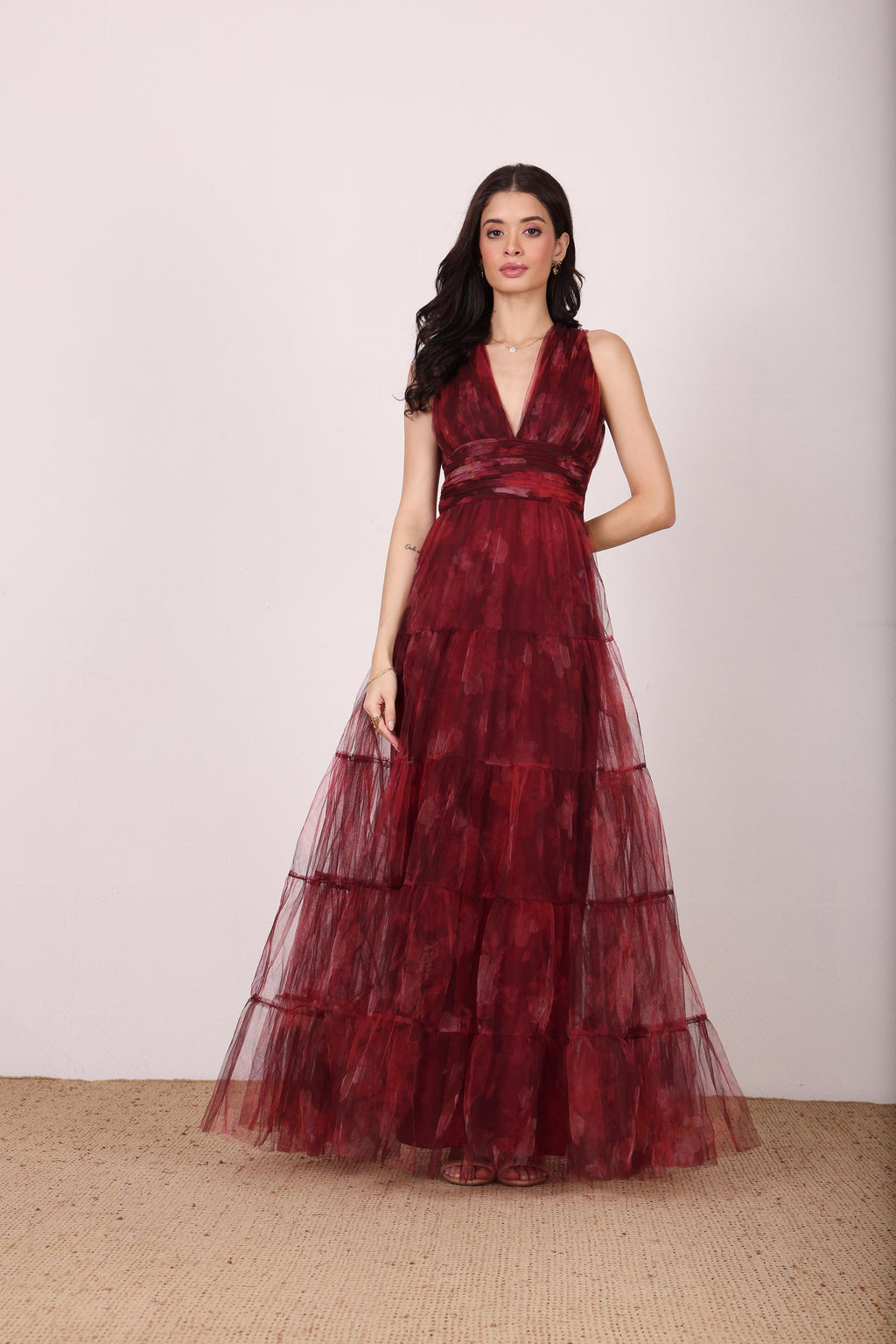 Candace Maxi Dress in Deep Red Floral – Lace & Beads