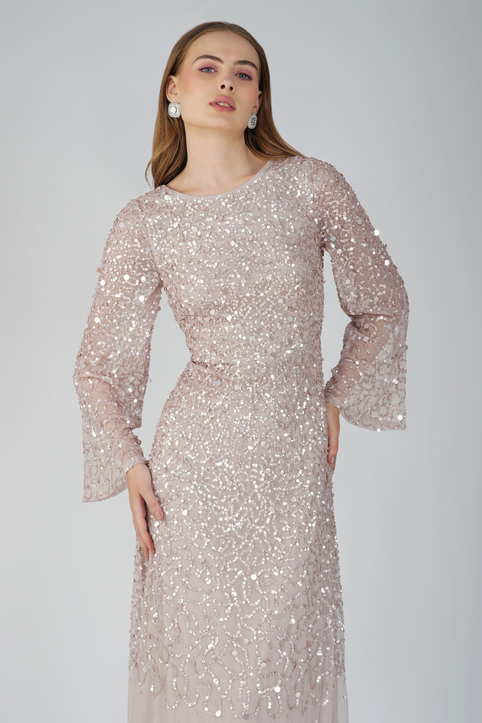 Diane Long Sleeve Embellished Maxi Dress in Mink – Lace & Beads