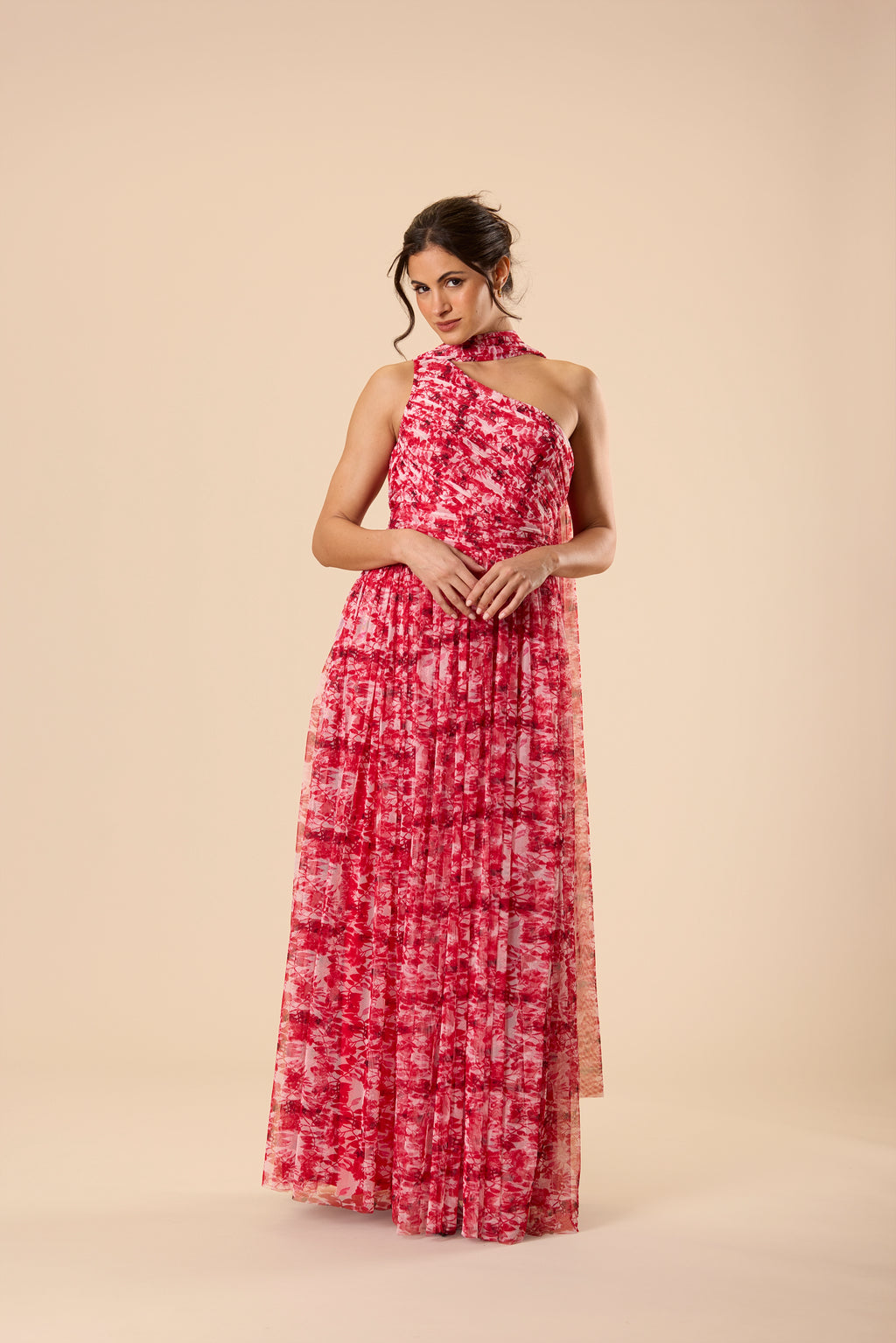 One Shoulder Tulle Maxi Dress in Red Floral with Scarf – Lace & Beads
