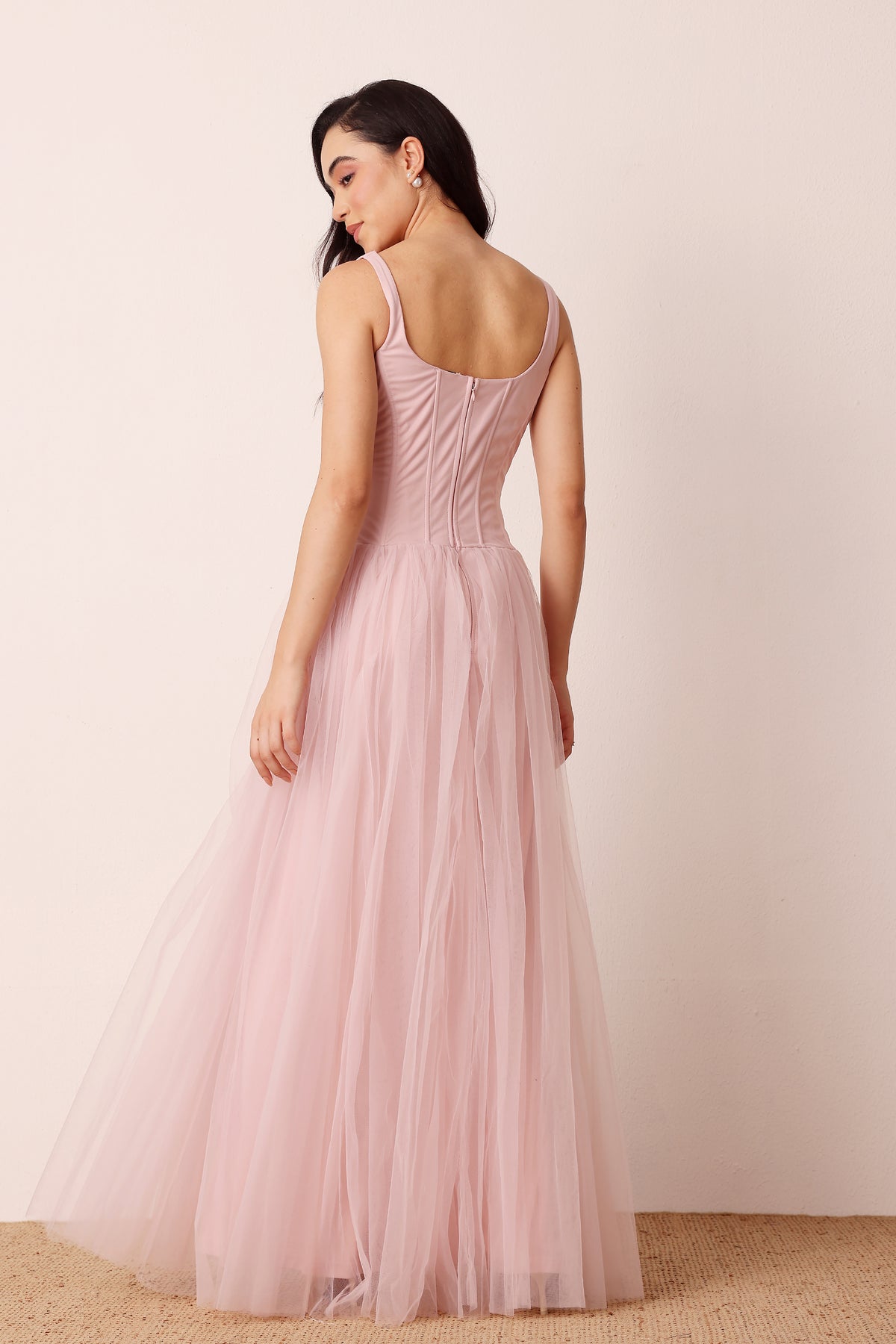Quest Corset Maxi Dress in Powder Pink – Lace & Beads