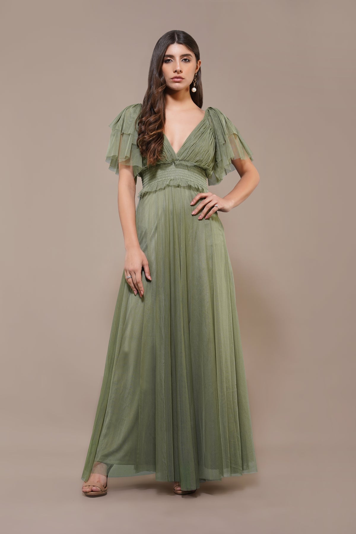 Shelby Maxi Dress in Soft Olive – Lace & Beads