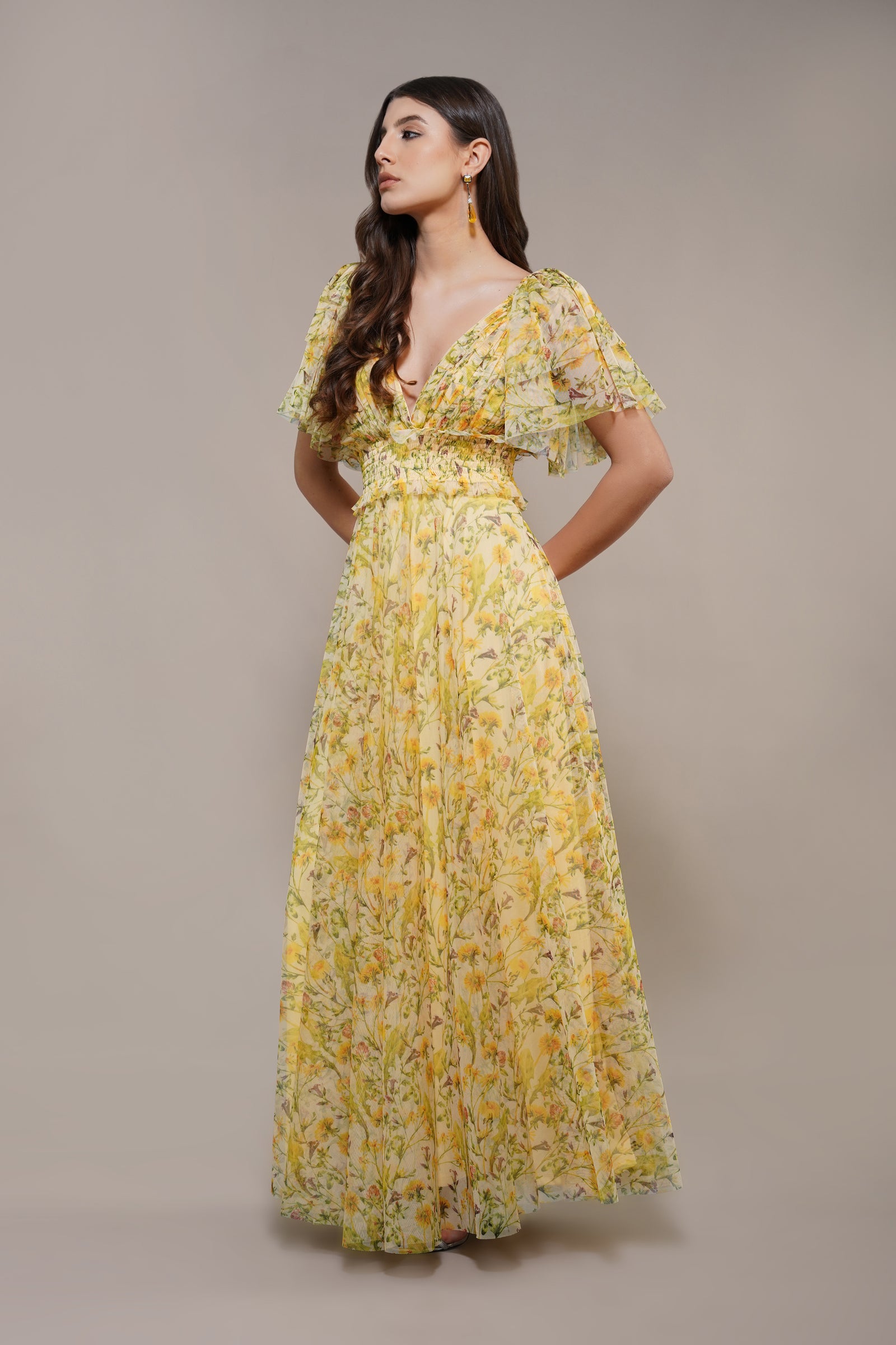 Shelby Yellow Printed Maxi Dress – Lace & Beads
