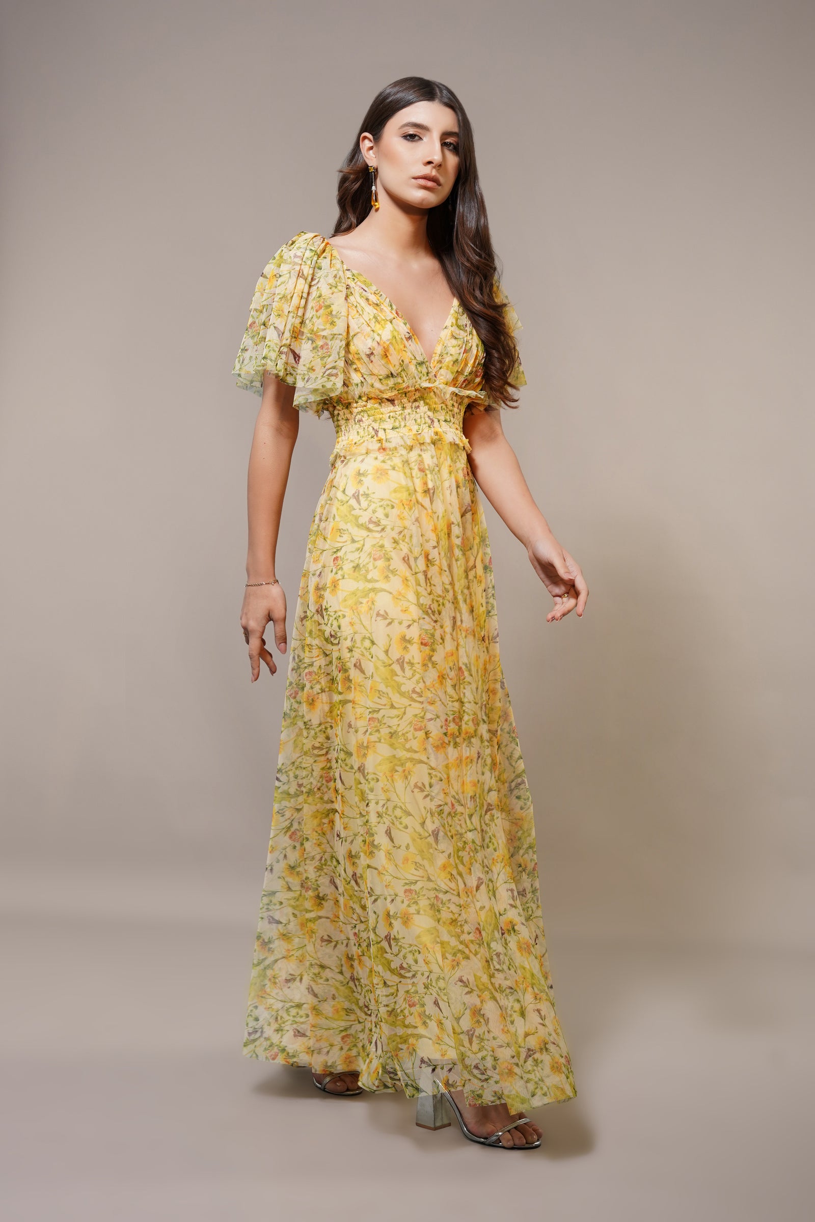 Shelby Yellow Printed Maxi Dress – Lace & Beads